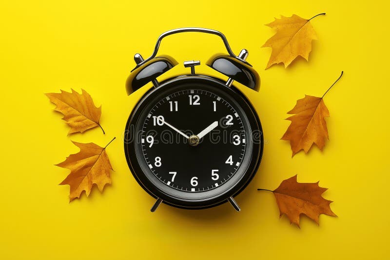 Autumn Time Change Concept. Black Alarm Clock with Autumn Leaves on ...