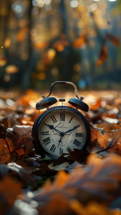 Autumn Time, Clock in Fallen Leaves Stock Illustration - Illustration ...