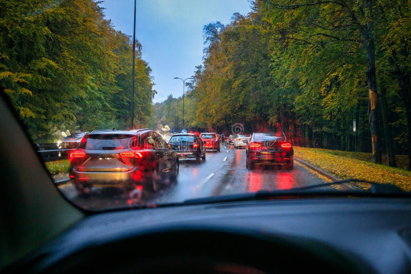 Autumn Traffic Jams on the Road Seen through the Car Windshield Stock ...
