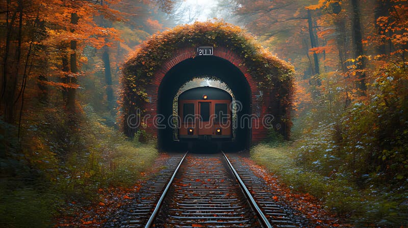 Autumn Train Exiting Forest Tunnel Stock Illustration - Illustration of ...