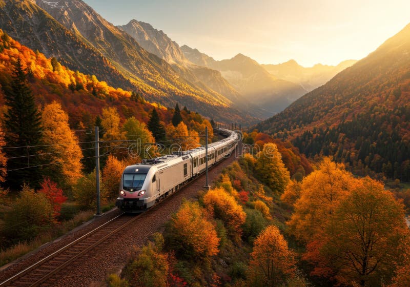 Autumn Train Journey through a Mountain Valley Stock Illustration ...