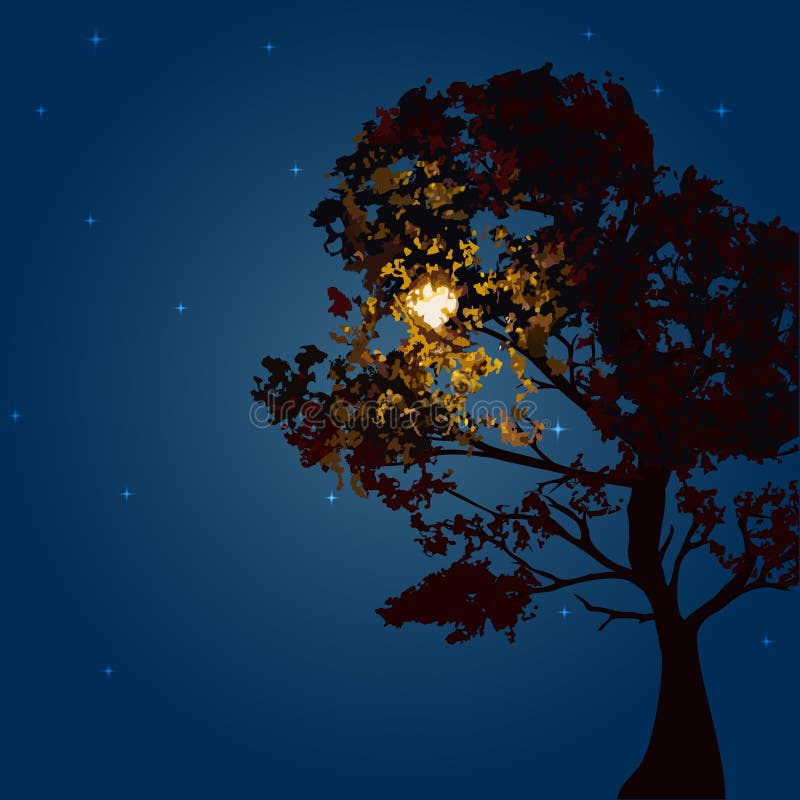 Autumn Tree on a Background Lunar Night and the Starry Sky. Stock ...