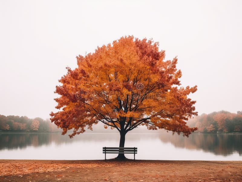 Autumn Tree with a Bench in Front of a Lake Stock Illustration ...