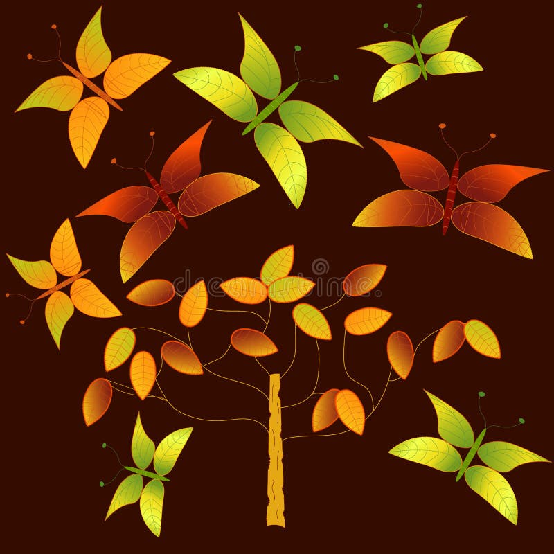 Autumn Tree and Butterflies Around Stock Vector - Illustration of ...