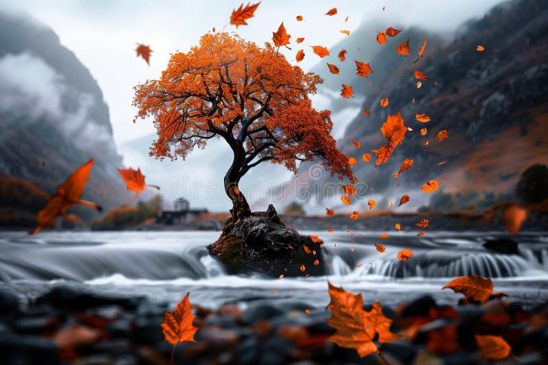 Autumn Tree with Falling Leaves and Flowing River Stock Image - Image ...