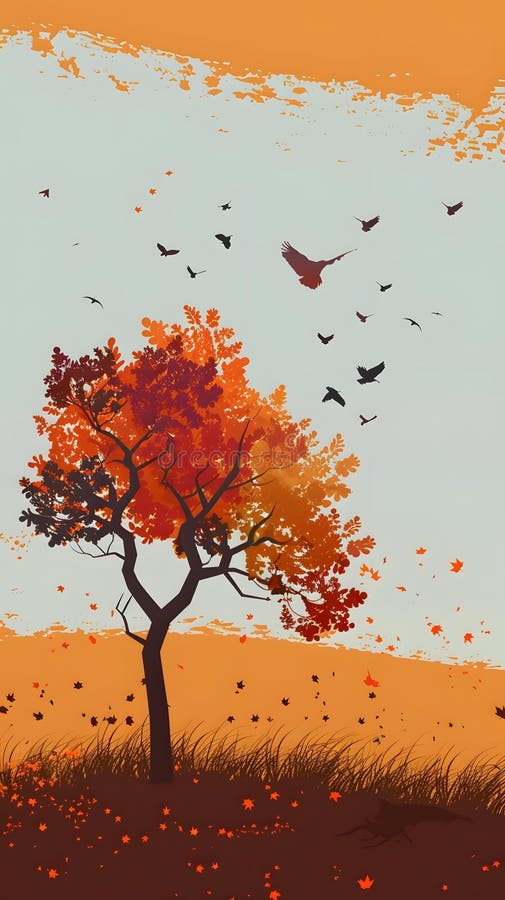 Autumn Tree with Falling Leaves Illustration Generated Using AI. Stock ...