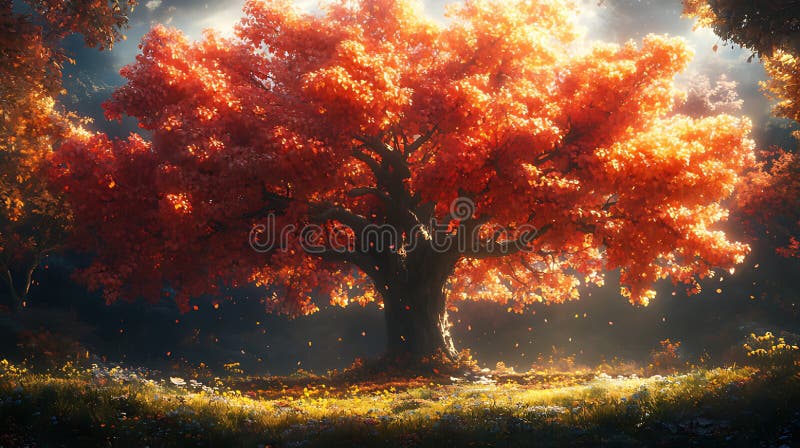 Autumn Tree, Forest, Sunlight, Leaves Falling, Magical Scene, Fantasy ...