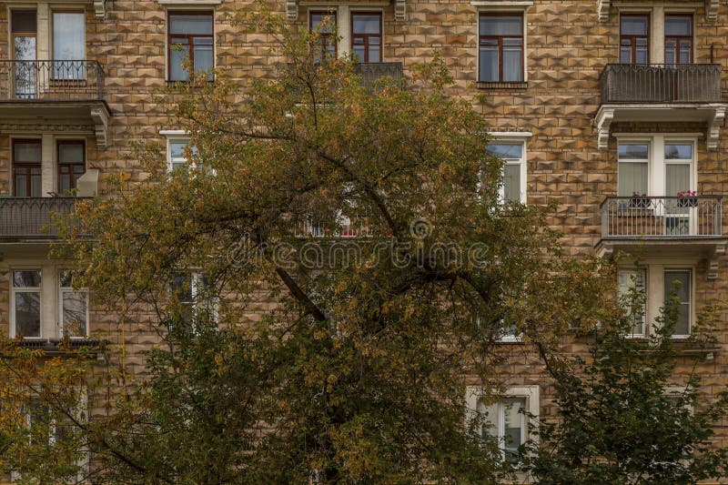 An Autumn Tree in Front of a Soviet-era Brick Apartment Building. Front ...