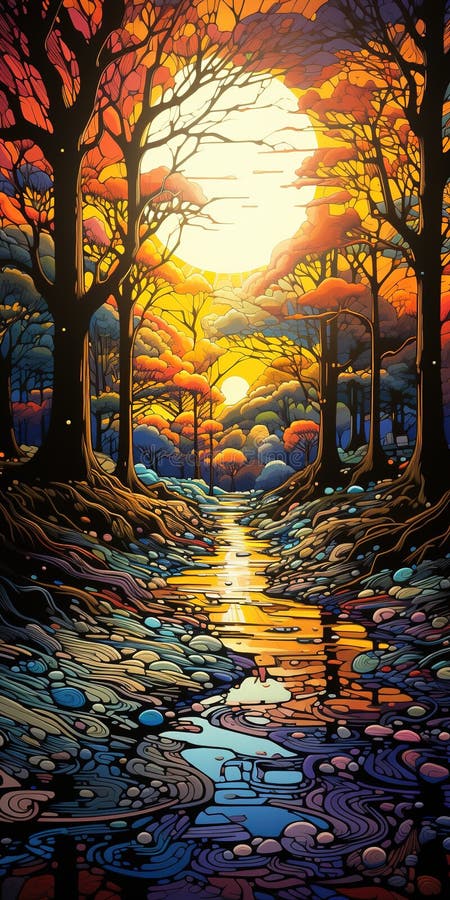 Autumn Tree Line with Sunset Ancient Trees Fallen Leaves Generative AI ...