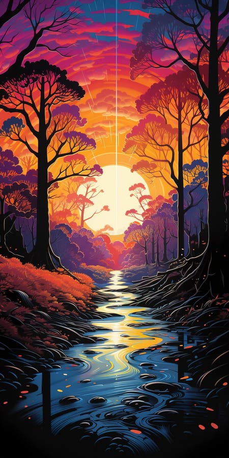 Autumn Tree Line with Sunset Ancient Trees Fallen Leaves Generative AI ...