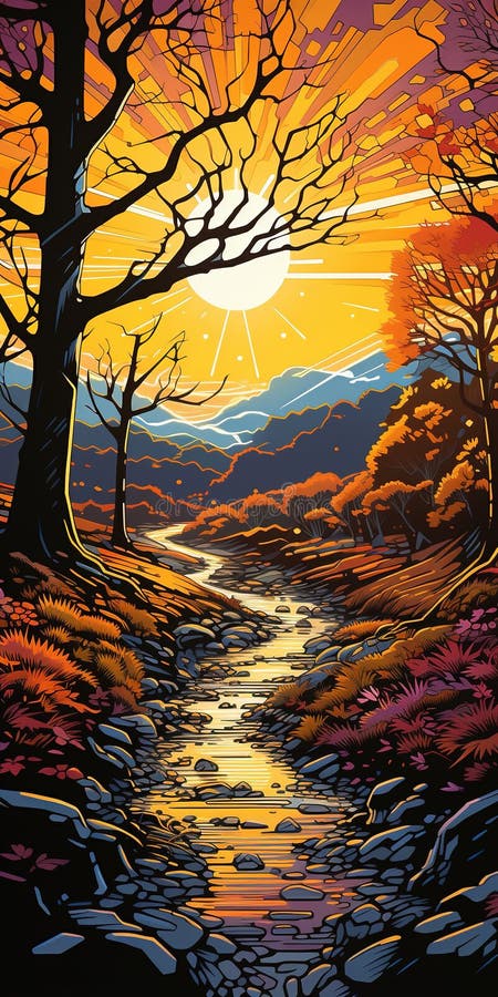 Autumn Tree Line with Sunset Ancient Trees Fallen Leaves Generative AI ...