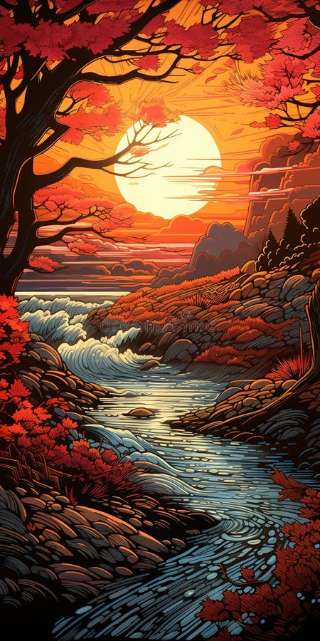 Autumn Tree Line with Sunset Ancient Trees Fallen Leaves Generative AI ...