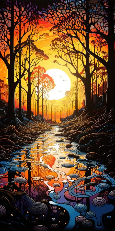 Autumn Tree Line with Sunset Ancient Trees Fallen Leaves Generative AI ...