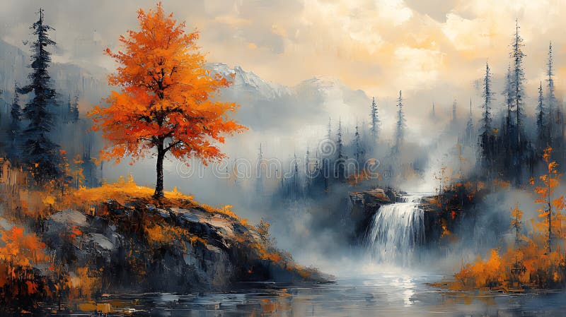 Autumn Tree, Misty Mountain Waterfall, Scenic Landscape Art Print Stock ...