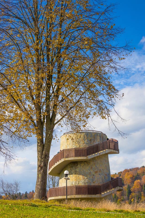 Autumn Tree and Observation Tower in Muszyna. Stock Photo - Image of ...