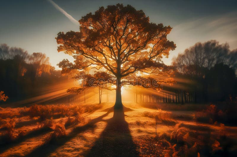 Image is Generated Using AI. Autumn. Tree Backlit at Sunset. Stock Illustration - Illustration ...