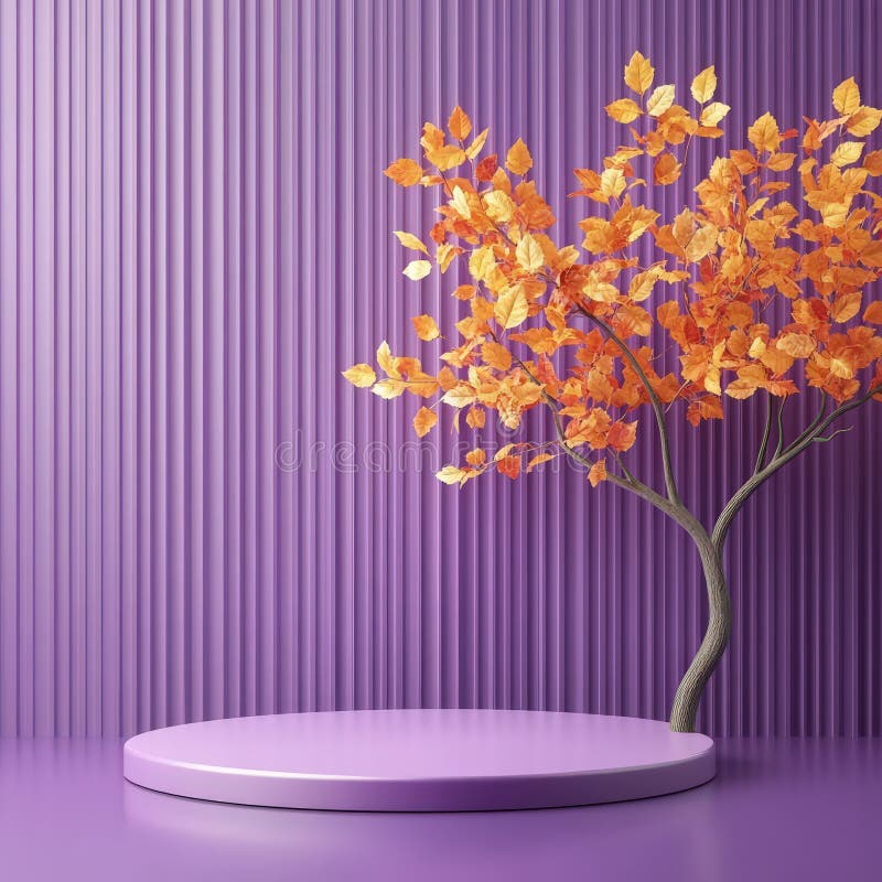 Autumn Tree with Podium on Purple Ribbed Background. Stock Illustration ...
