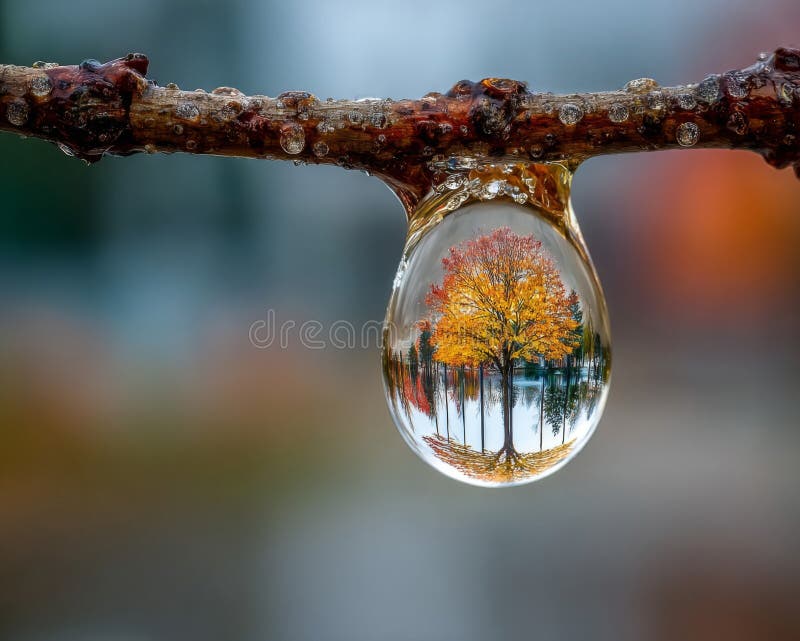 Autumn Tree Reflected in a Frozen Water Droplet Stock Illustration - Illustration of winter ...