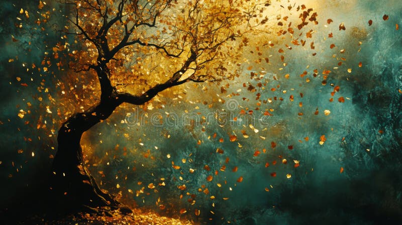 Autumn Tree Silhouette with Falling Leaves in Dark Teal Stock ...