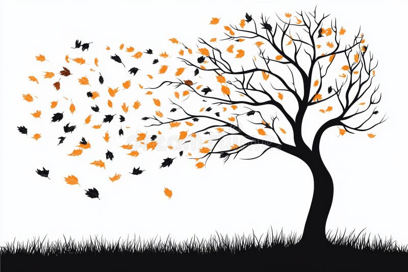 Autumn Tree Silhouette with Falling Leaves Stock Illustration ...