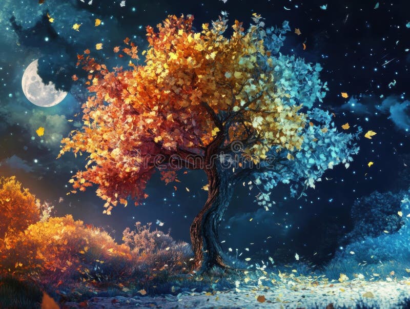 Autumn Tree Stands with Winter Leaves Falling Under Moonlight and ...