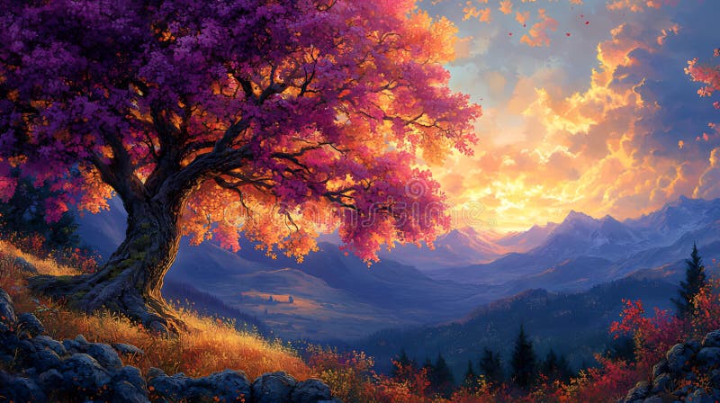 Autumn Tree Sunset Mountain Landscape, Fall Foliage, Digital Art Stock ...