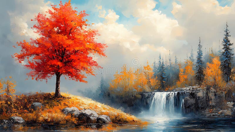 Autumn Tree, Waterfall, Landscape Painting, Forest, Serene Stock ...