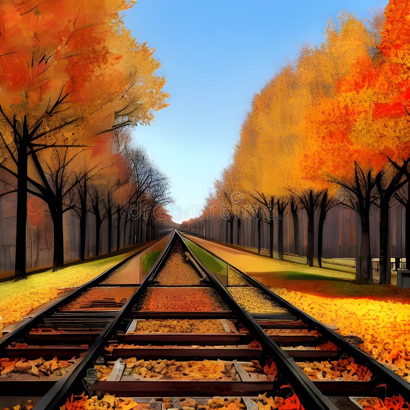 Autumn Trees, Leaves and Old Train Tracks Stock Illustration ...