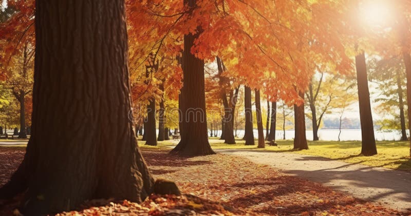 Autumn Trees and Leaves in Sunlight. Autumn Scene Stock Illustration ...