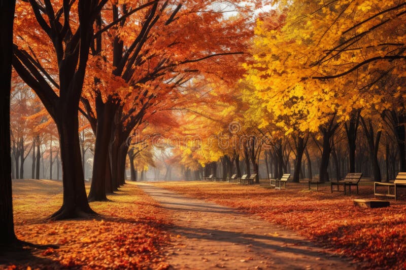 Autumn Trees Line the Path in an Autumn Park Stock Illustration ...