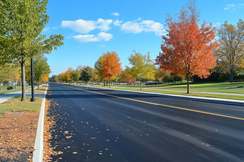 Autumn Trees Lining Empty Road, Vibrant Fall Colors, Clear Blue Sky ...