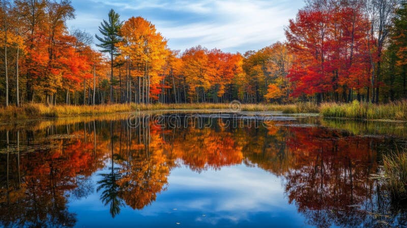 Autumn Trees Reflected in Still Water Stock Illustration - Illustration ...