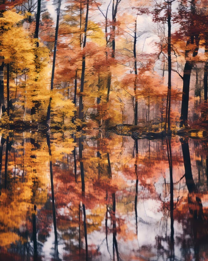 Autumn Trees Reflected in Water in a Forest Stock Illustration - Illustration of nature ...