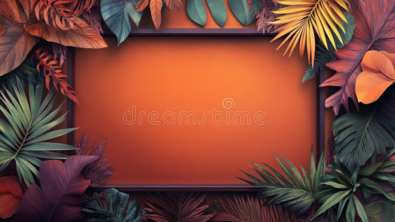 Autumn Tropical Leaves Frame on Orange Background Stock Illustration ...
