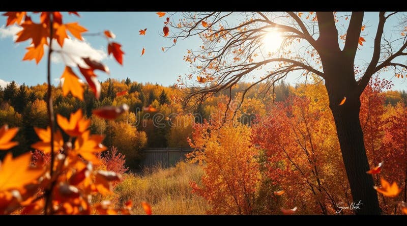 "Autumn Valley - Sunburst through Falling Leaves Landscape" Stock ...