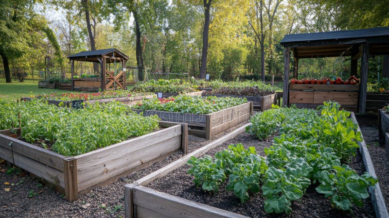 Autumn Vegetable Garden with Raised Wooden Planter Boxes Stock ...