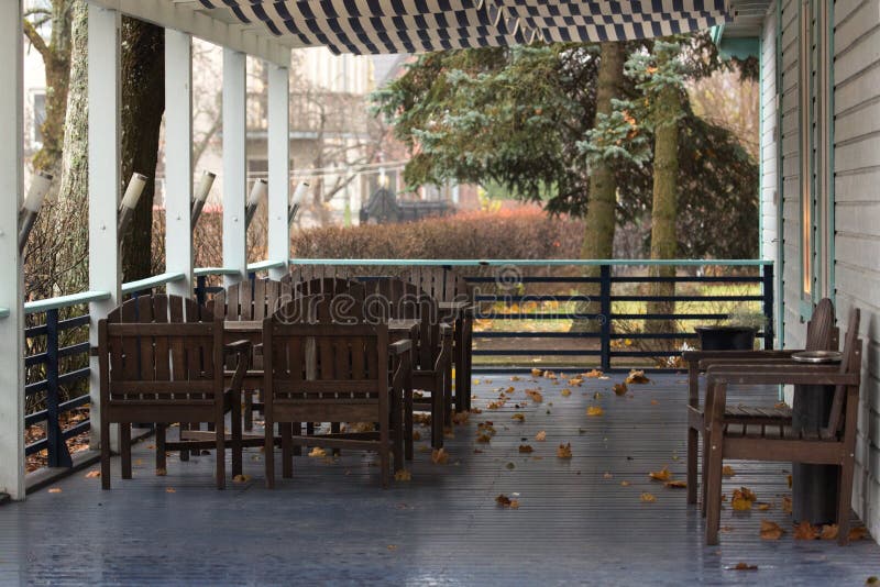 Autumn Veranda with Tables and Chairs. Stock Image - Image of trees ...