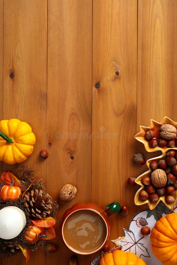 Autumn Vertical Banner with Pumpkins, Coffee Cup and Fall Decor on a ...
