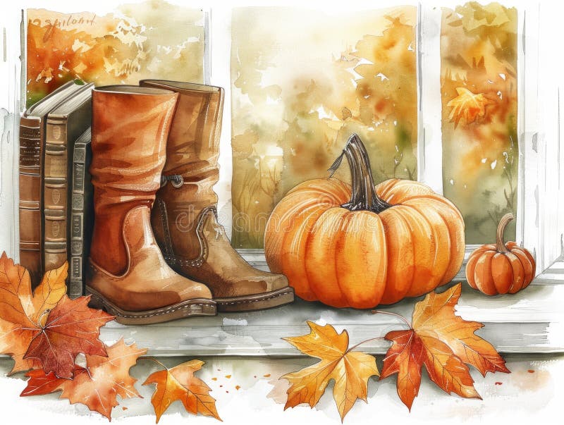 Autumn Vibes: Cowboy Boots, Pumpkins, and Fall Leaves by a Window Stock ...