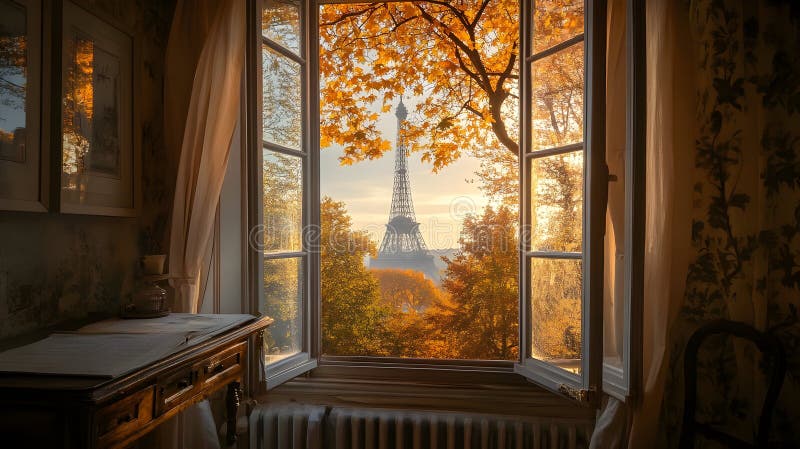 Autumn View of Eiffel Tower through Open Window in Paris, Warm Golden ...