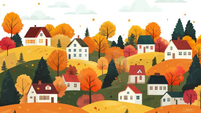 Autumn Village Landscape Illustration Stock Illustration - Illustration ...