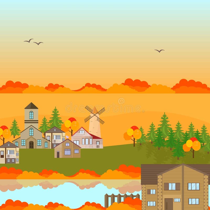 Autumn Village Town Vector Background Stock Vector - Illustration of ...