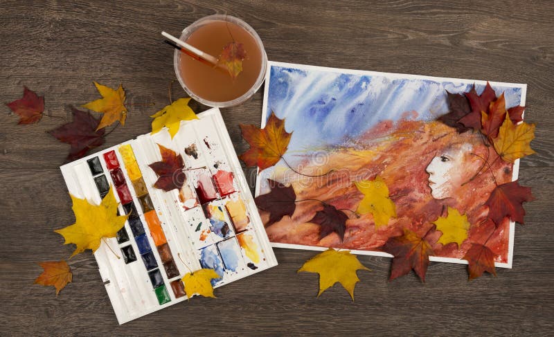 Autumn Watercolor Background. Princess of Fall. Artwork Stock Photo ...