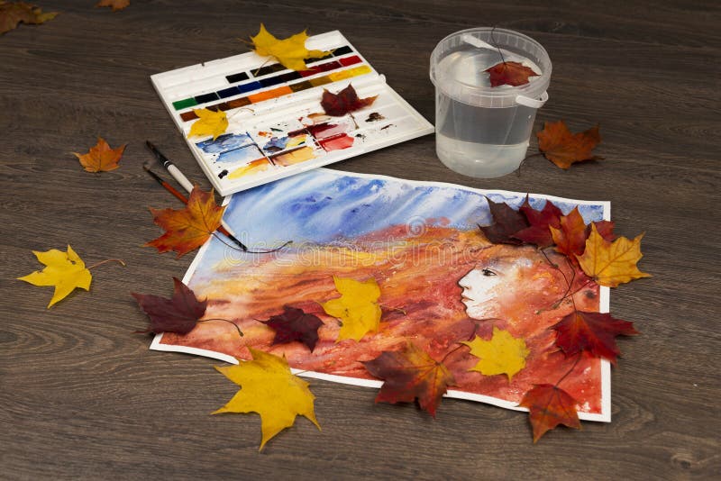 Autumn Watercolor Background. Princess of Fall. Artwork Stock Photo ...