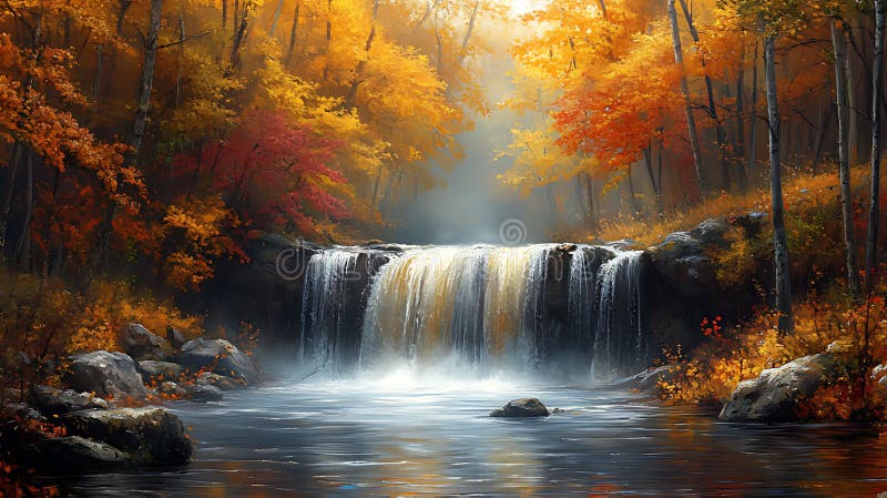 Autumn Waterfall Forest Mist Scenic Painting Stock Illustration ...