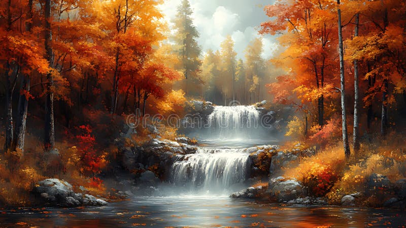 Autumn Waterfall Forest Scene, Peaceful Nature Landscape Stock ...