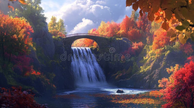 Autumn Waterfall Landscape with Stone Bridge and Colorful Trees Stock ...
