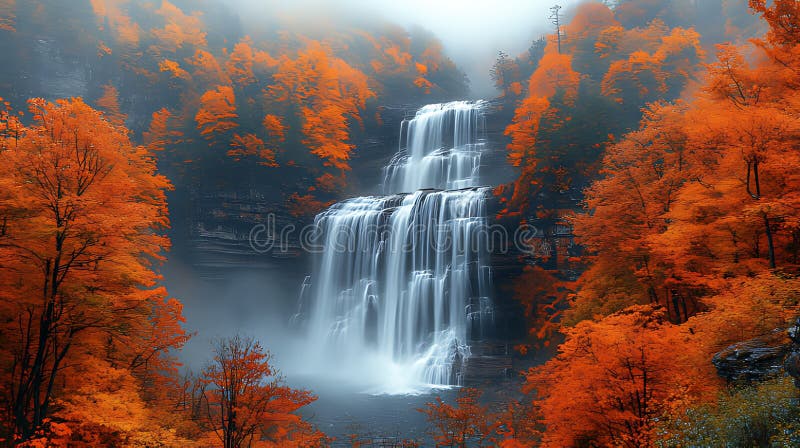 Autumn Waterfall Mist Forest Landscape Poster Stock Illustration ...