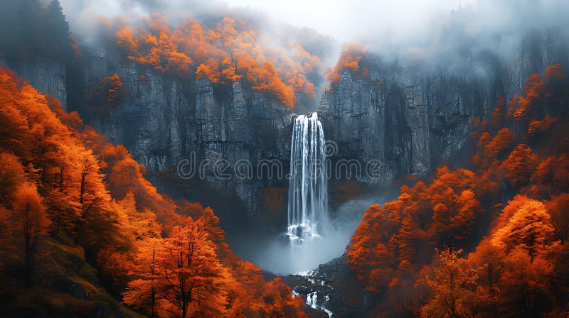 Autumn Waterfall Mist Mountain Landscape Poster Stock Illustration ...