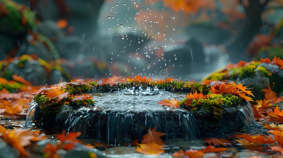 Autumn Waterfall with Raindrops - 3D Illustration Stock Illustration ...